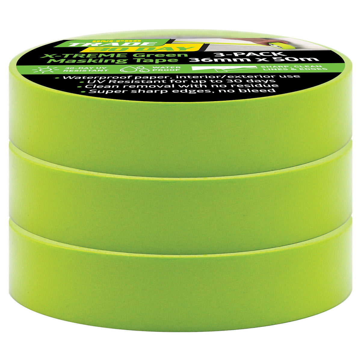 Uni-Pro Trade 30 Day X-TREME Green Masking Tape 3 Pack 36mm x 50m ...